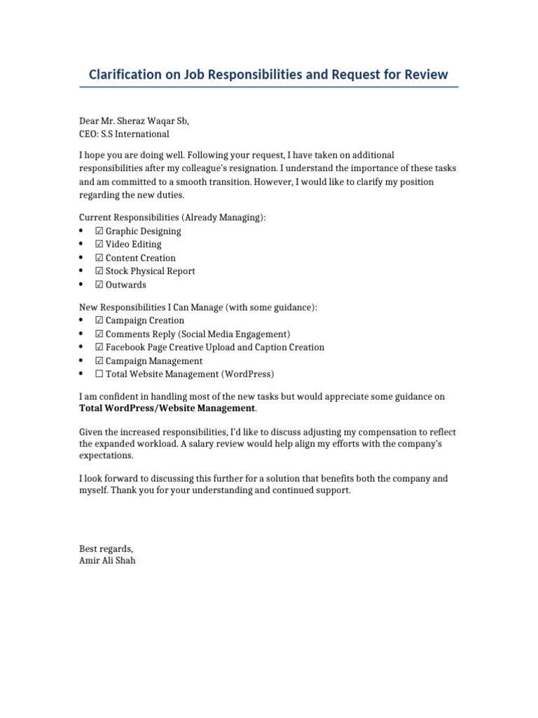 Clarification On Job Responsibilities and Request For Review | PDF