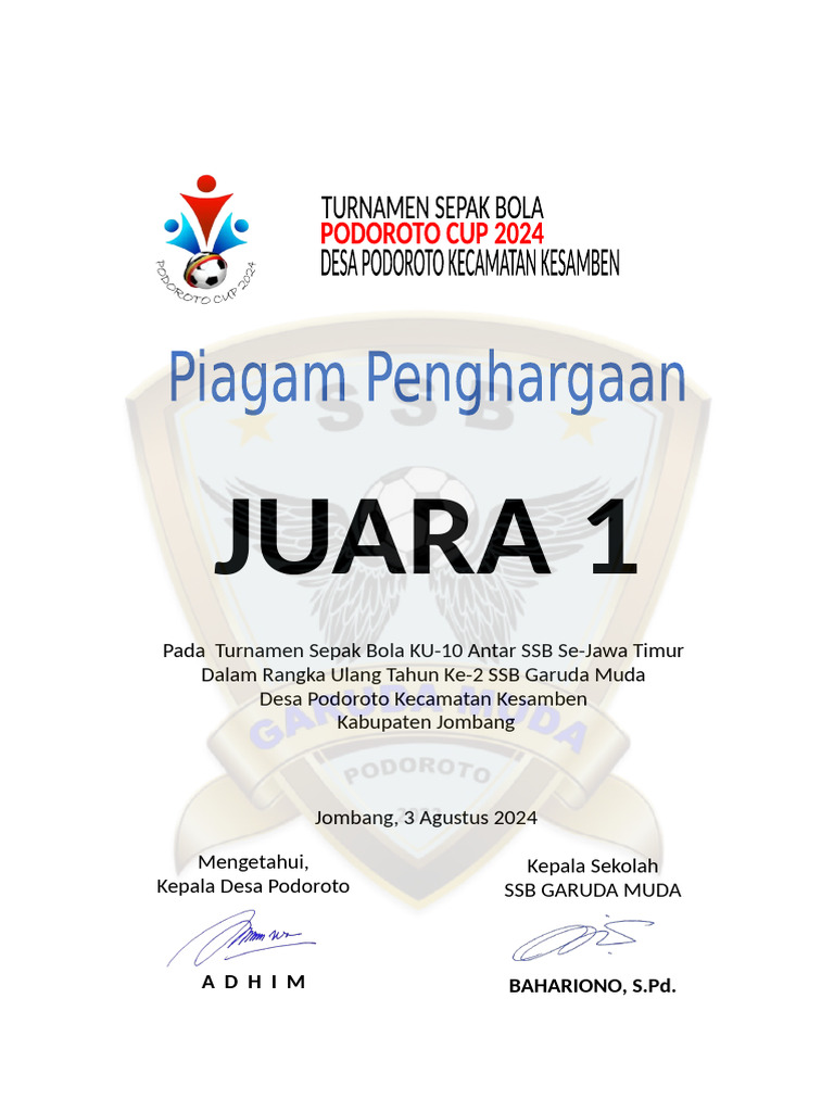 Desain Piagam Mini Turnamen SSB Cup | PDF