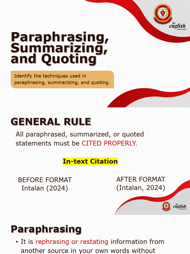 Lesson - 2 - 2 Paraphrasing Quoting Summarizing | PDF
