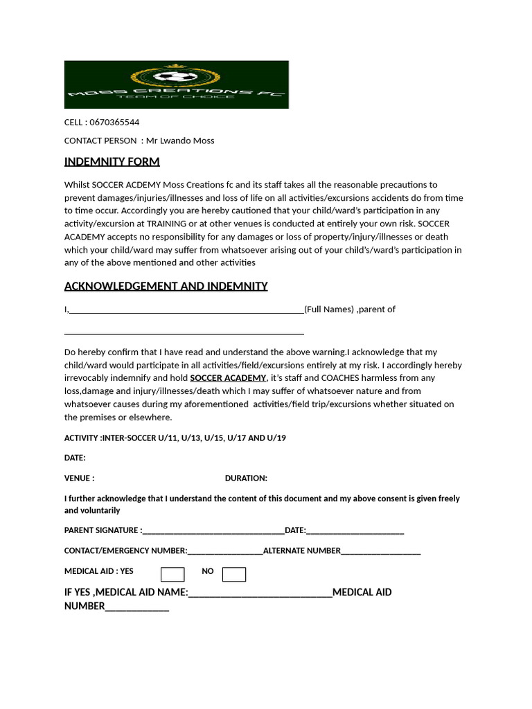 Soccer Academy Indemnity | PDF