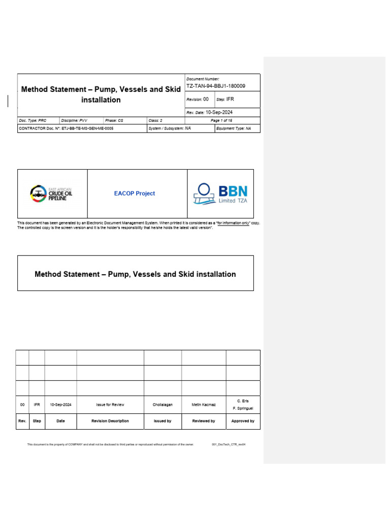 TZ-TAN-94-BBJ1-180009 - Method statement for Pump Vessels and skid installation -Rev.00 | PDF