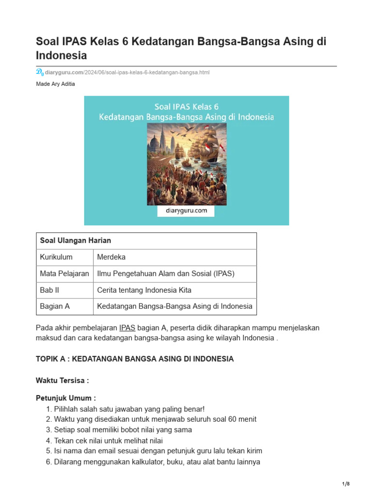 Soal IPAS Kelas 6 Kedatangan Bangsa-Bangsa Asing Di Indonesia | PDF
