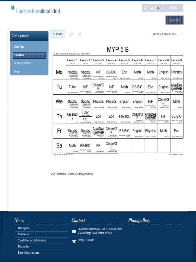 Timetable Choithram International - An IB World School | PDF