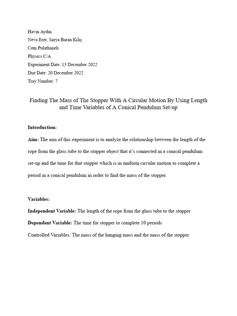 Conical Pendulum Mass Analysis Lab | PDF