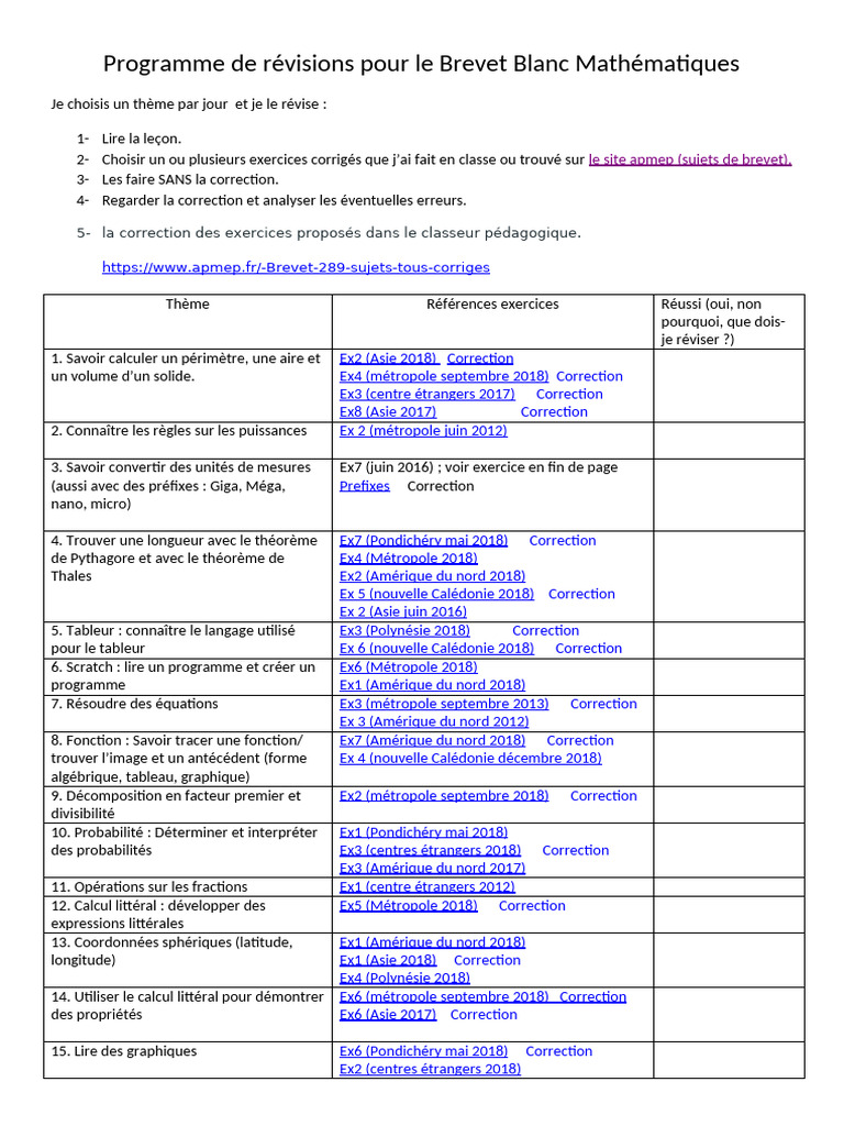Programme de Révision Pour Le Brevet Blanc | PDF