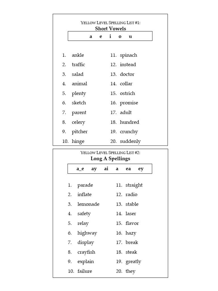 Yellow Level Spelling | PDF