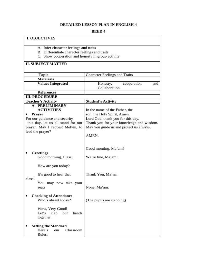 Character Feelings and Traits Lesson | PDF