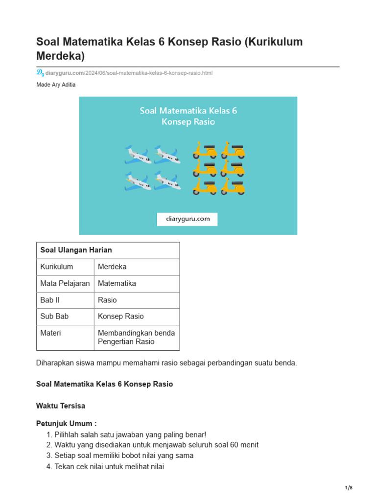 Soal Matematika Kelas 6 Konsep Rasio Kurikulum Merdeka | PDF
