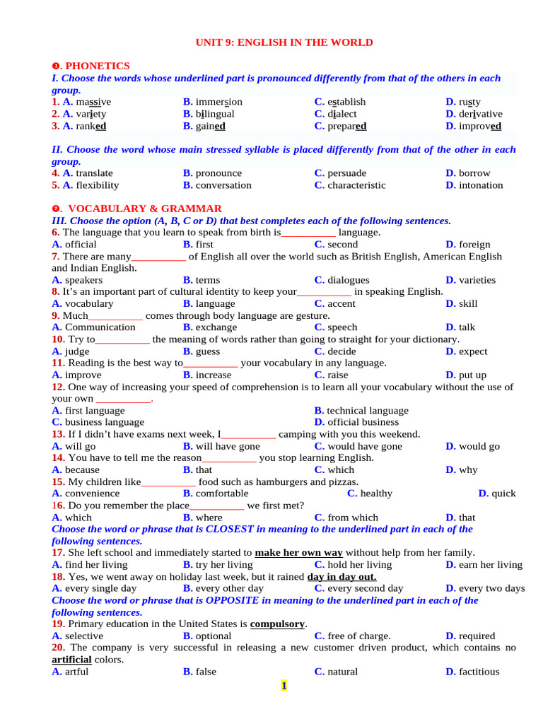 Bài tập trắc nghiệm anh 9 mới E9.Unit 9.TN.NQT.2021 | PDF