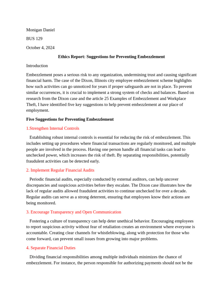 Ethics Report | PDF | Embezzlement | Internal Control