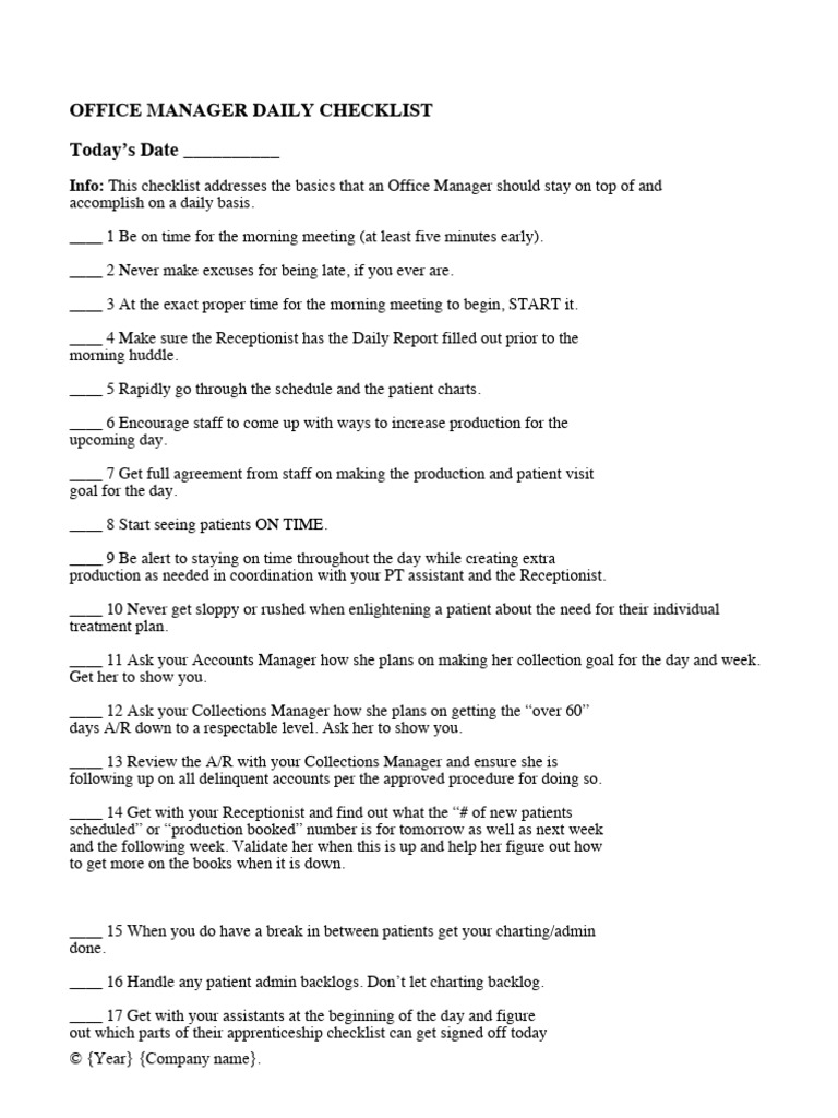 Office Manager Daily Checklist Template | PDF