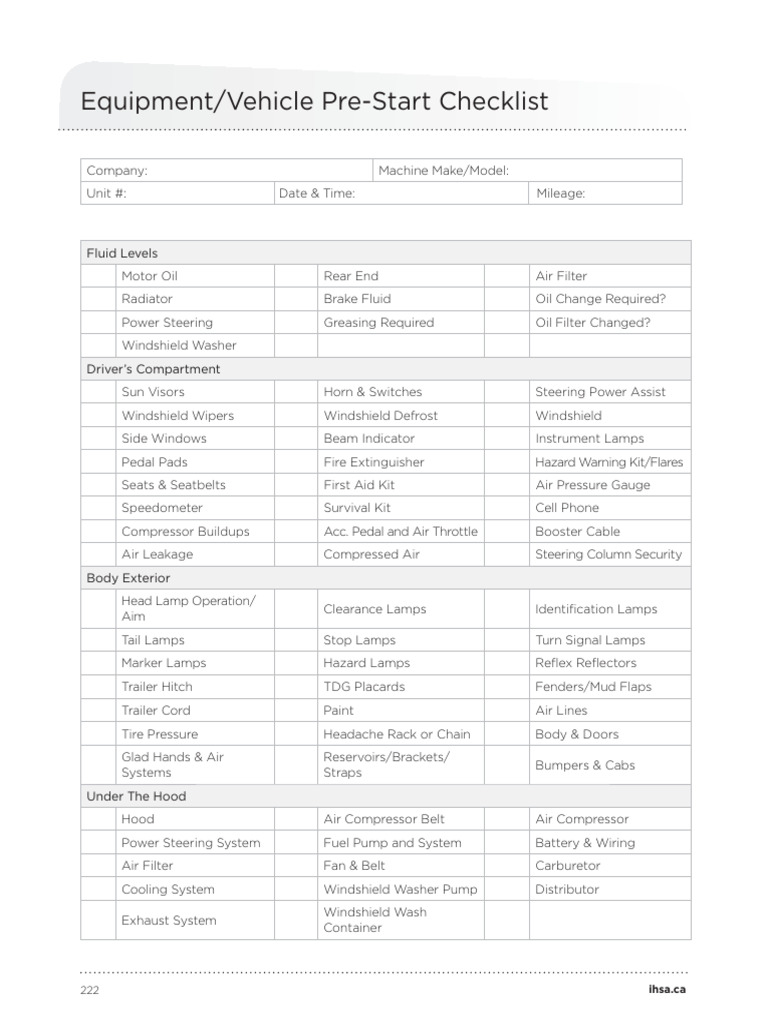 Equipment Vehicle Prestart Checklist | PDF