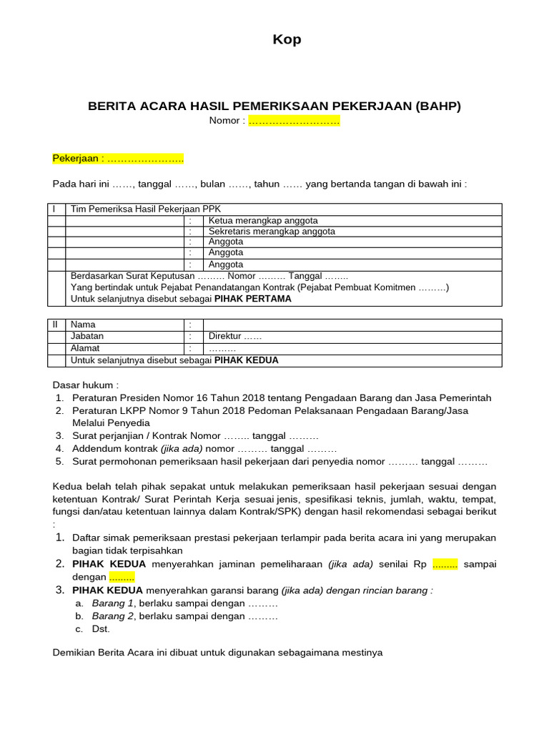 BA Hasil Pemeriksaan BAHP Penyedia Dan Tim | PDF
