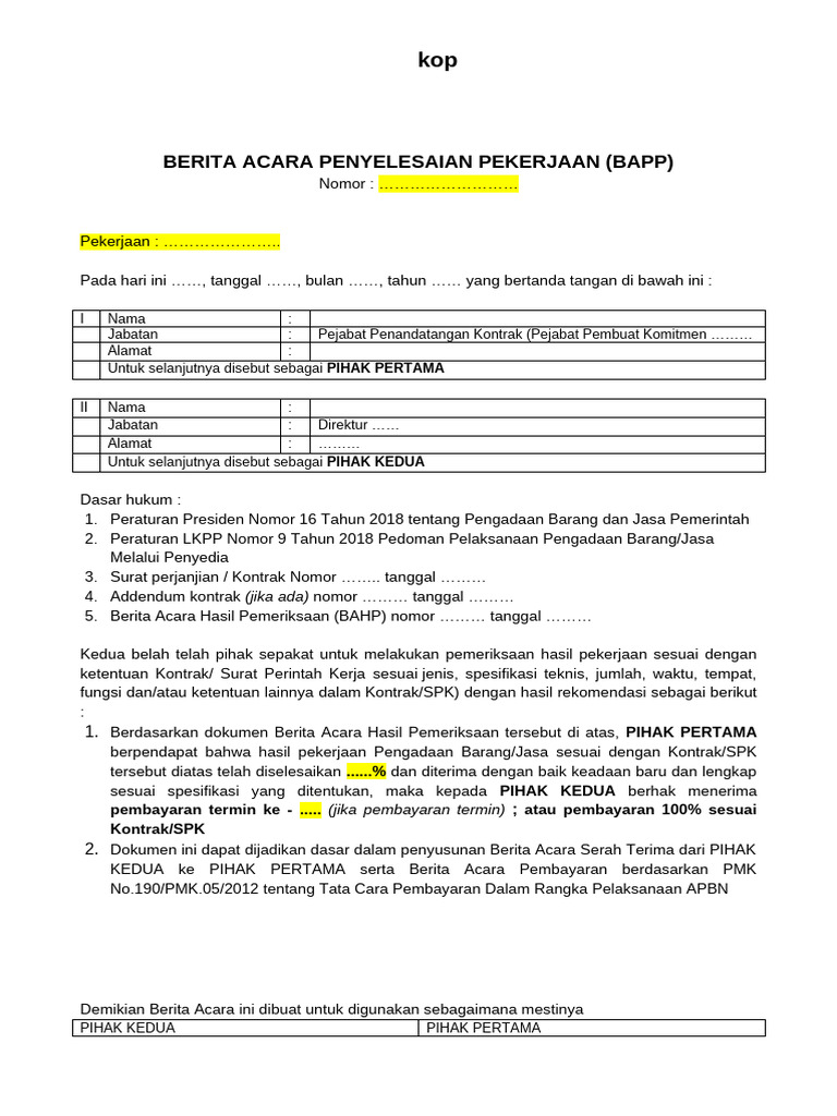 BA Penyelesaian Pekerjaan BAPP Penyedia Dan PPK | PDF