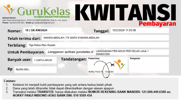 KWITANSI An. WANDA ABDILAH - TK WAFA SYAKIRA ABDILAH Atas LANGGANAN ...