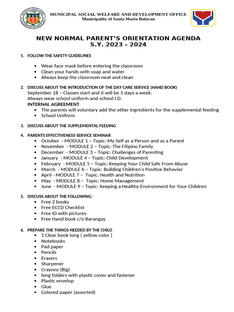 Parents Orientation Agenda S.Y. 2023 2024 | PDF