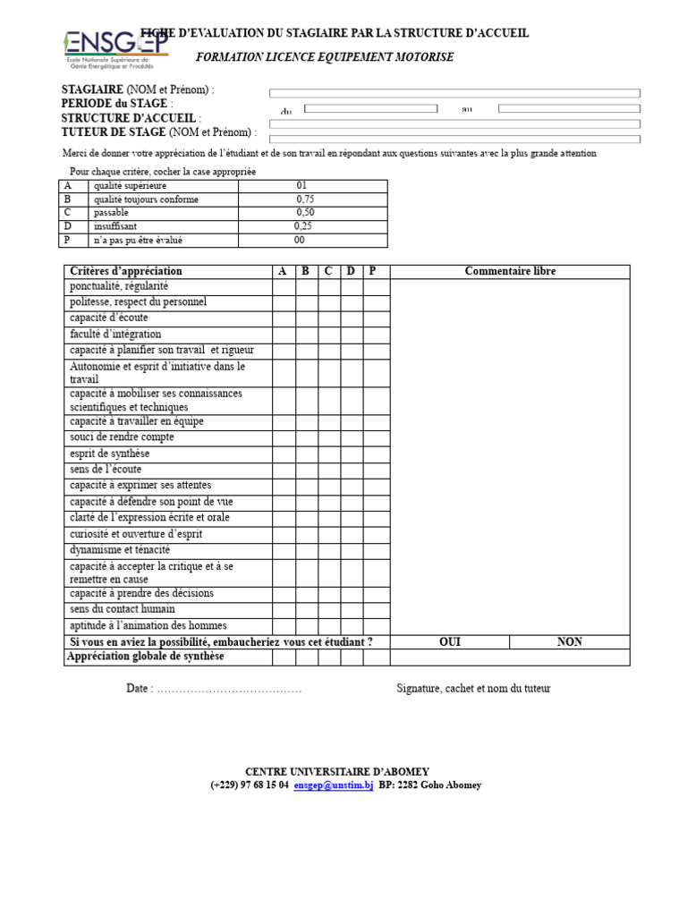 FICHE D’EVALUATION DU STAGIAIRE EM | PDF