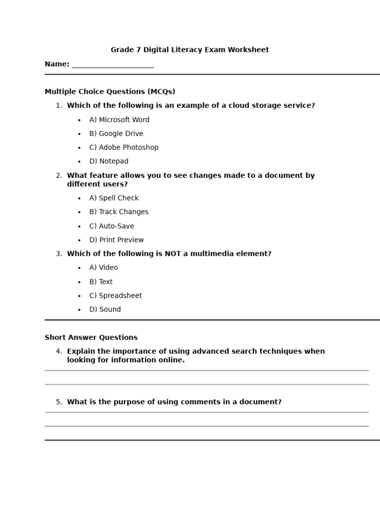 Grade 7 Digital Literacy Worksheet and Answer Key | PDF
