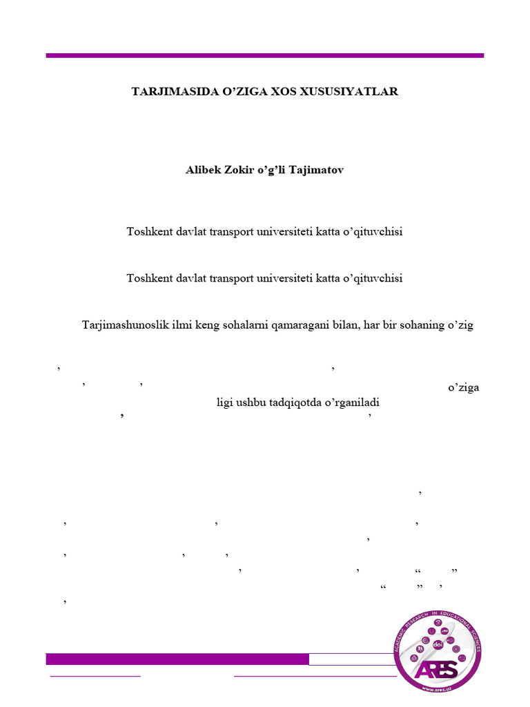 Tarjima Qilishdagi Muammolar Va Texnik Matnlar Tarjimasida o Ziga | PDF