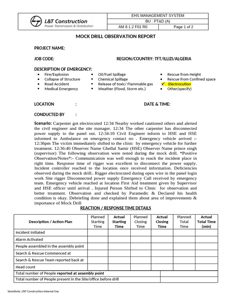 AM 8.2 F01 Mock Drill Observation Report | PDF | Emergency | Safety