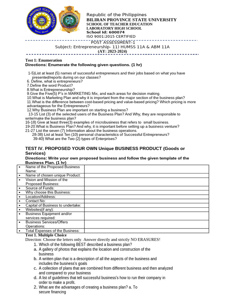 Humss 1a, Abm 1a Long Quiz Entrepreneurship Feb 20, 2024 | PDF