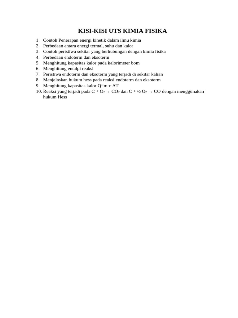 Kisi-Kisi Uts Kimia Fisika | PDF