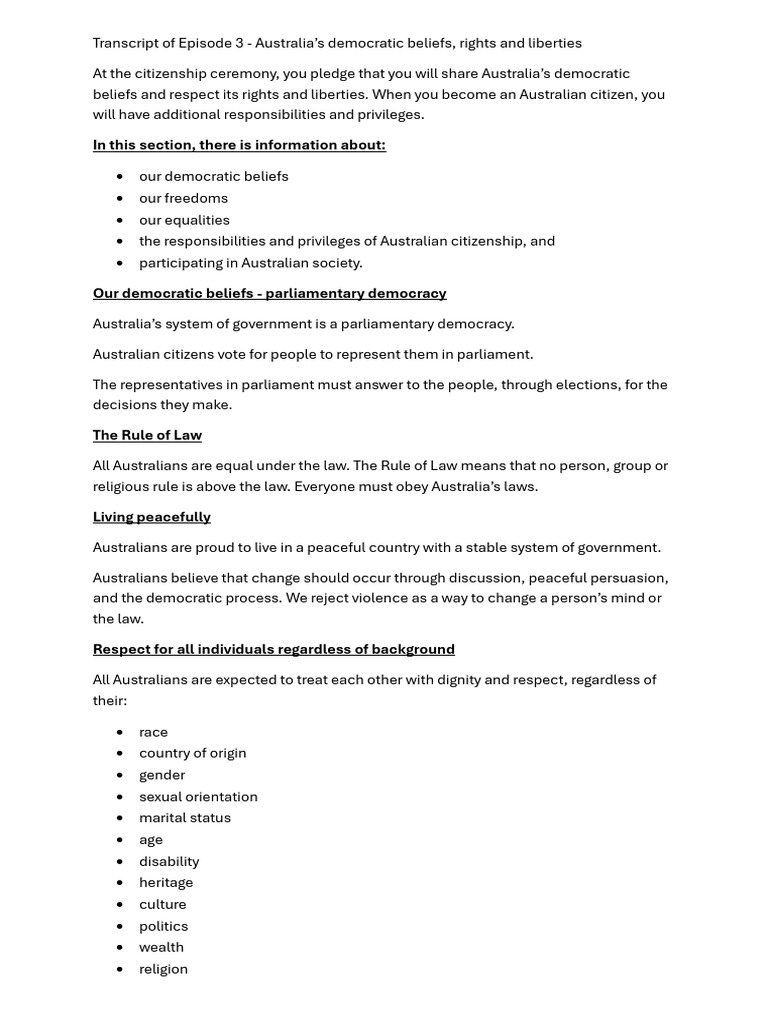 OCB E3 - Australias Democratic Beliefs Rights and Liberties | PDF ...
