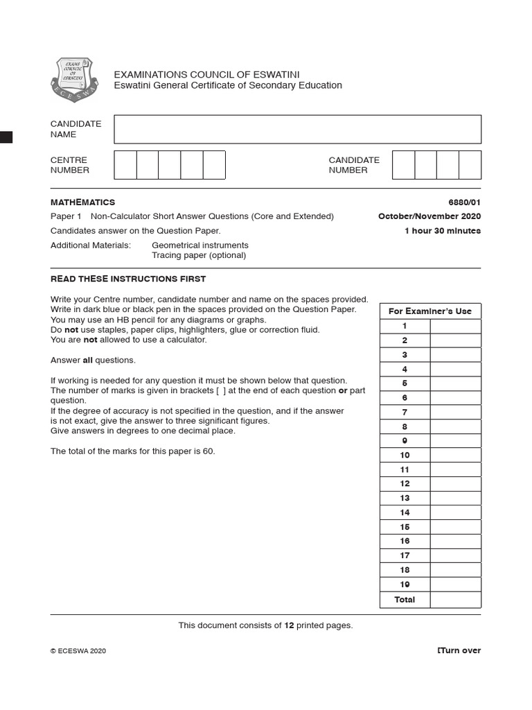 EGCSE Mathematics 2020 Question Paper 1 | PDF