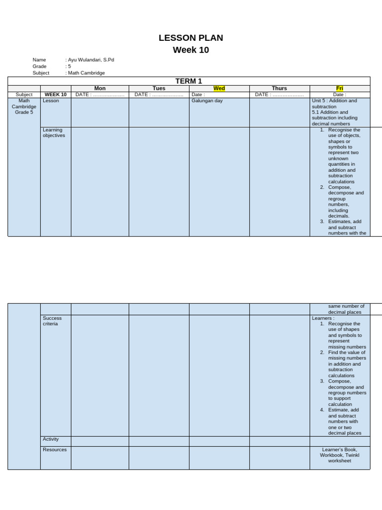 Lesson Plan Ms Wulan t1w10 p5 | PDF | Mathematics | Arithmetic