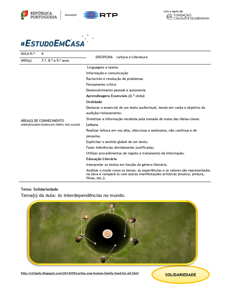 Leitura e Literatura Ficha Complementar Aula 4 EstudoEmCasa - SOLIDARIEDADE | PDF