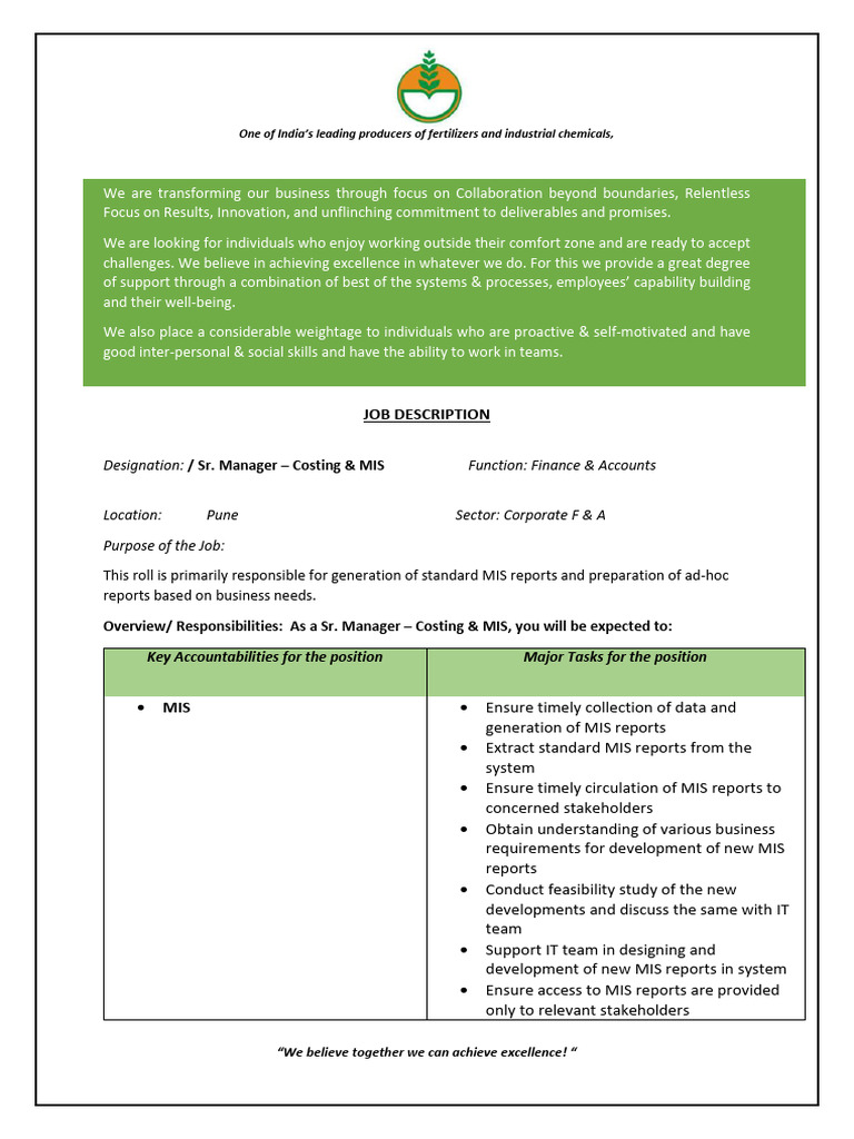 JD -Sr. Manager - Costing & MIS | PDF