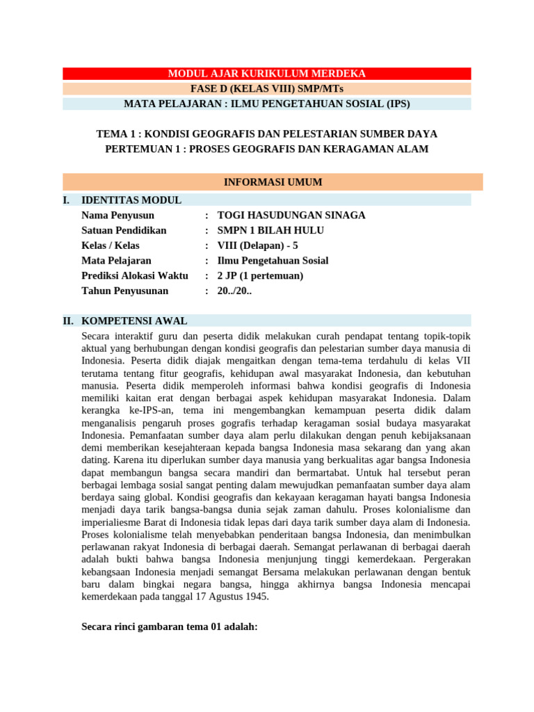 MODUL AJAR KURIKULUM MERDEKA Kelas VIII 5 | PDF