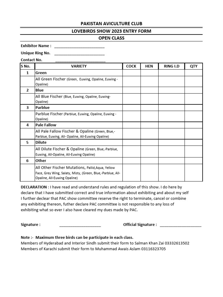 Novice Class Entry Form Pac Show 2023 | PDF