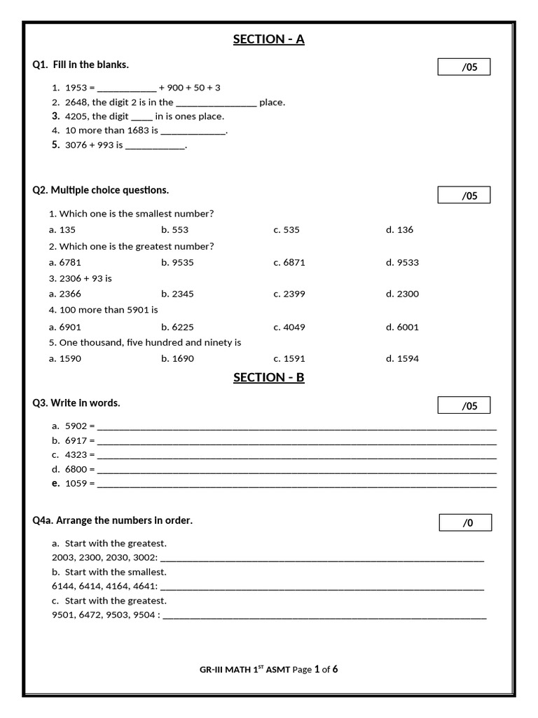 Grade Iii Math 1ST Asmt 2024-25 | PDF | Mathematics