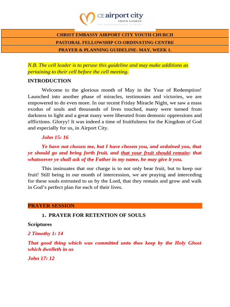 PRAYER & PLANNING GUIDELINE- MAY, WEEK 1. | PDF