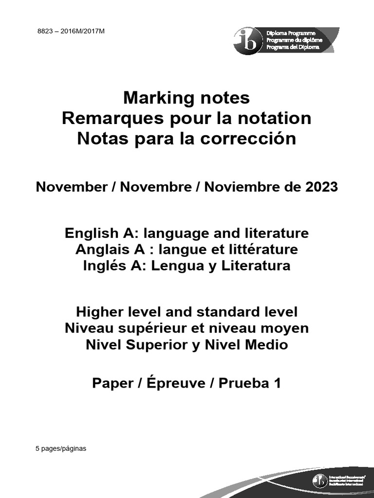 English A Language and Literature Paper 1 TZ2 HLSL Markscheme Nov 2023 ...