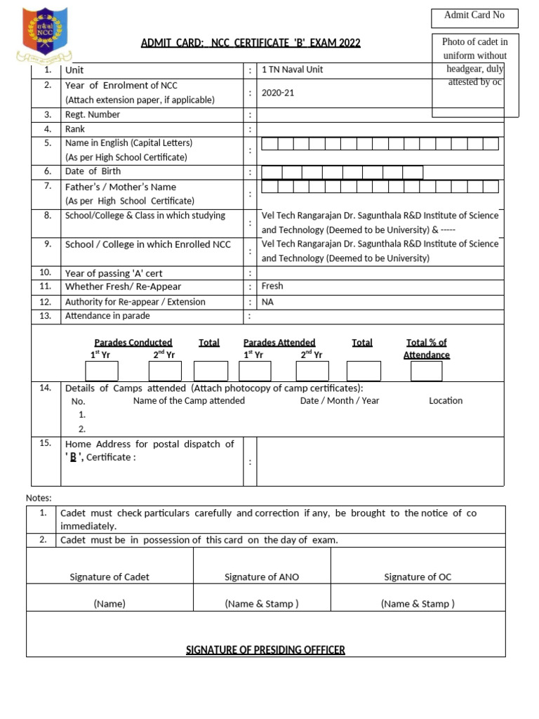 ADMIT CARD B Exam | PDF