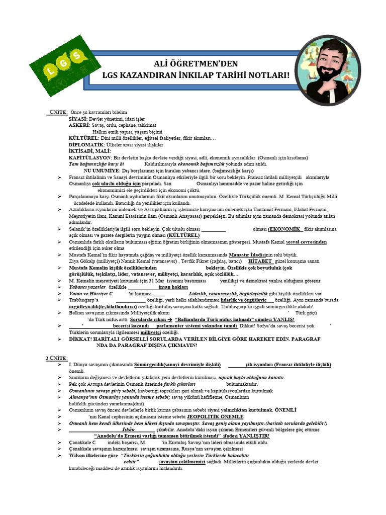 Sinif Inkilap Tarihi 1234567. Unite Notlari 1 | PDF