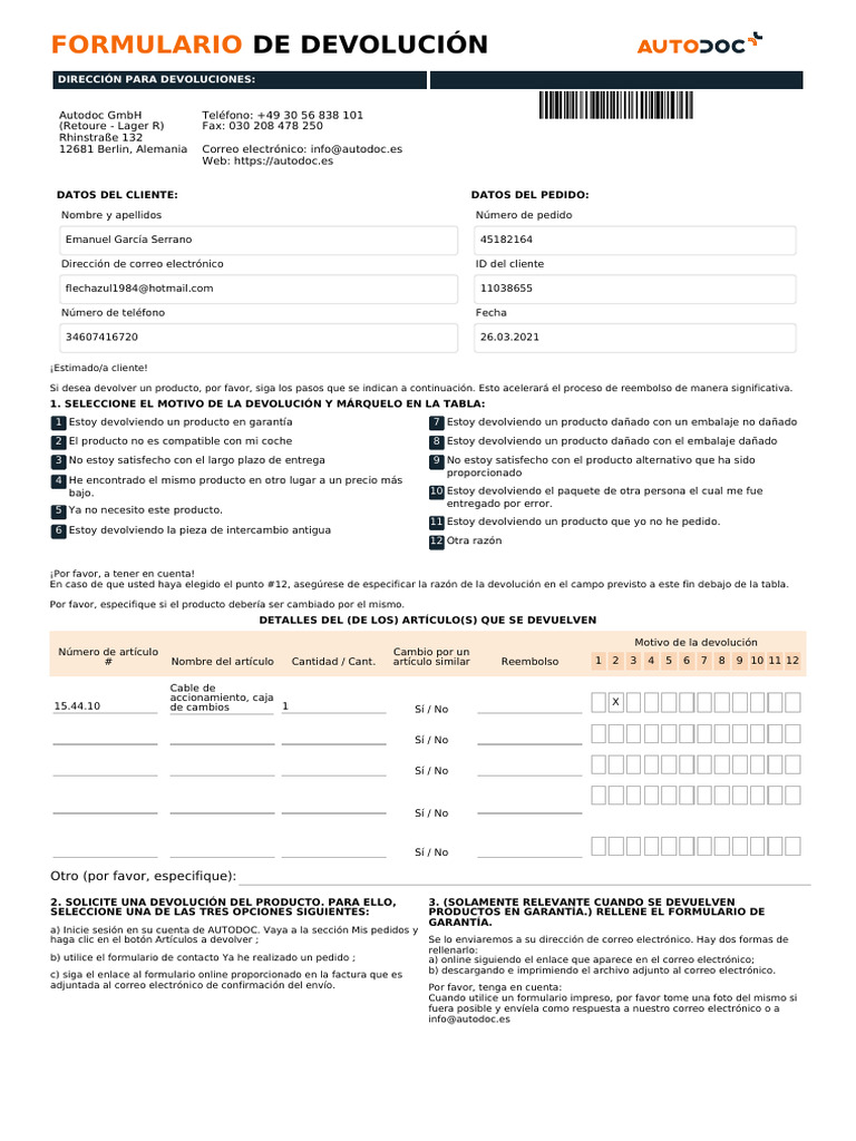 Formulario de Devolución de Artículos | PDF