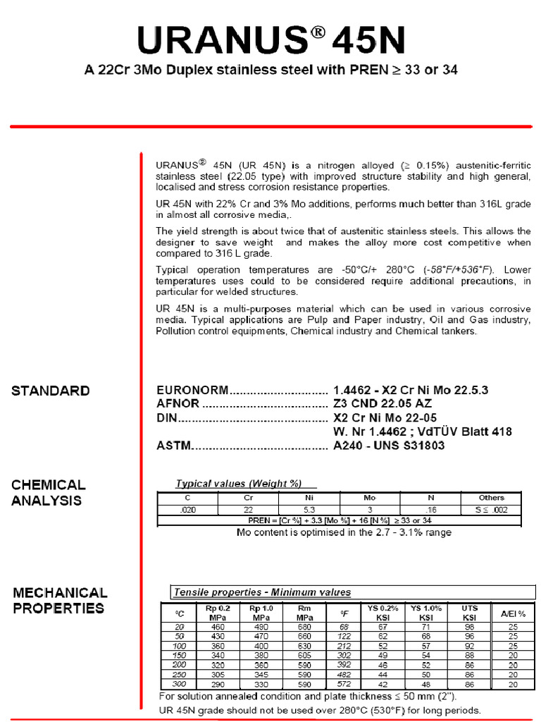 Duplex Stainless Steel URANUS 45N | PDF