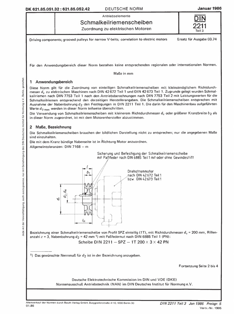 DIN 2211-3 - 1986-01 Antriebselemente - Schmalkeilriemenscheiben - Zuordnung Zu Elektrischen ...