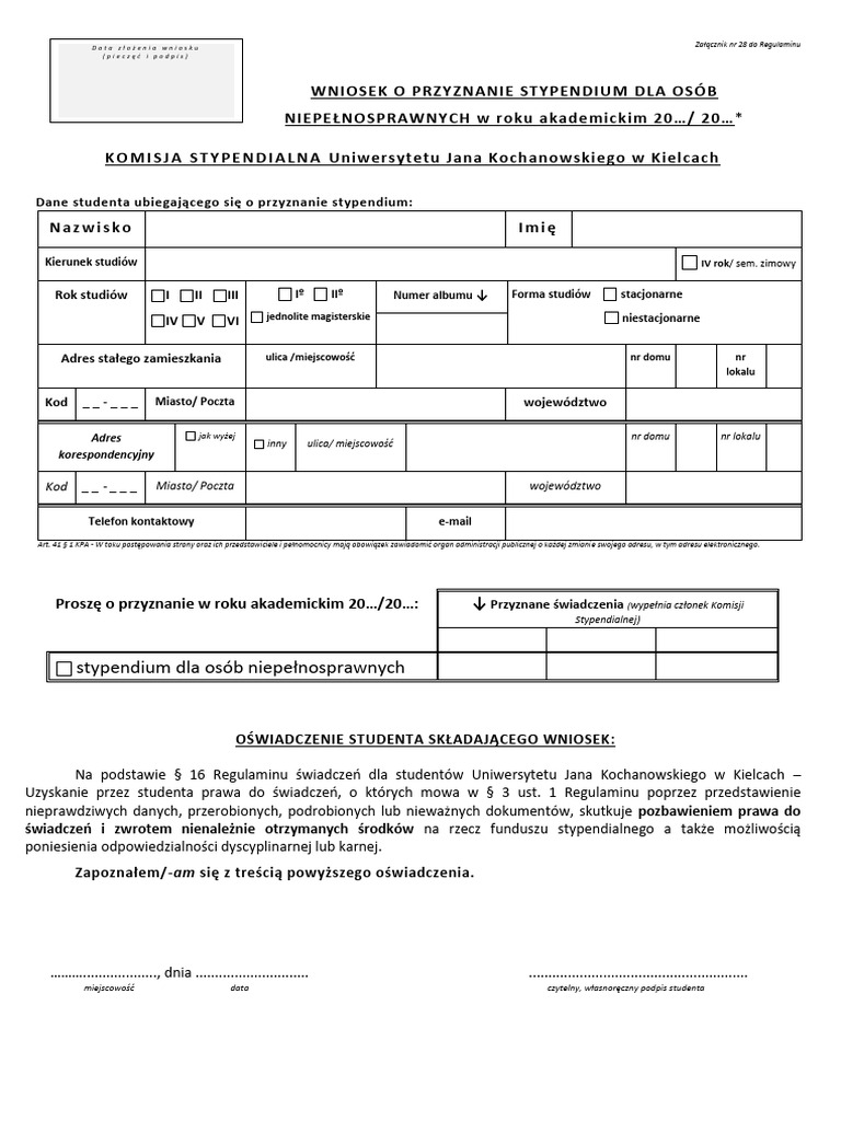 Zal 28 WNIOSEK O PRZYZNANIE STYPENDIUM DLA OSOB NIEPELNOSPRAWNYCH | PDF