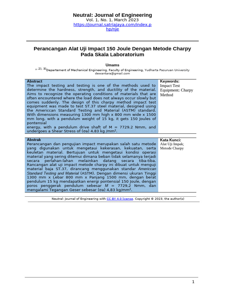 Perancangan Alat Uji Impact 150 Joule Dengan Metode Charpy | PDF