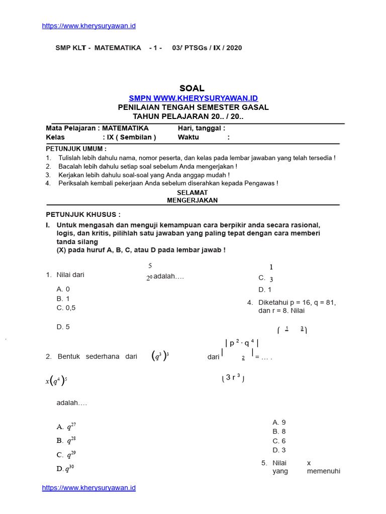 Soal PTS Matematika KLS 9 Sem.1 - WWW - Kherysuryawan.id | PDF
