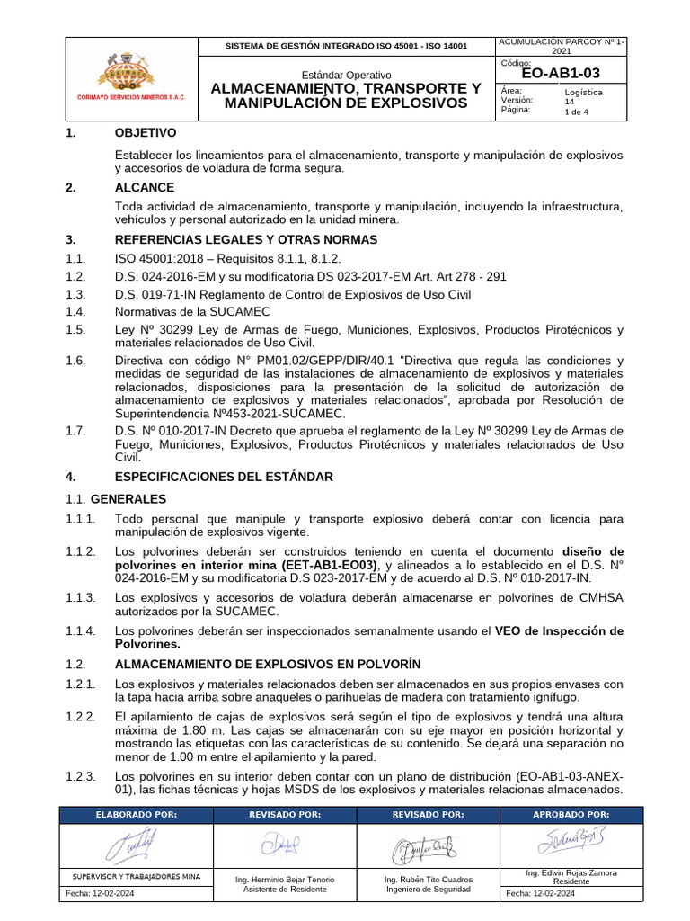 EO-AB1-03 Almacenamiento, Transporte y Manipulación de Explosivos v14 (12.02.2024) | PDF