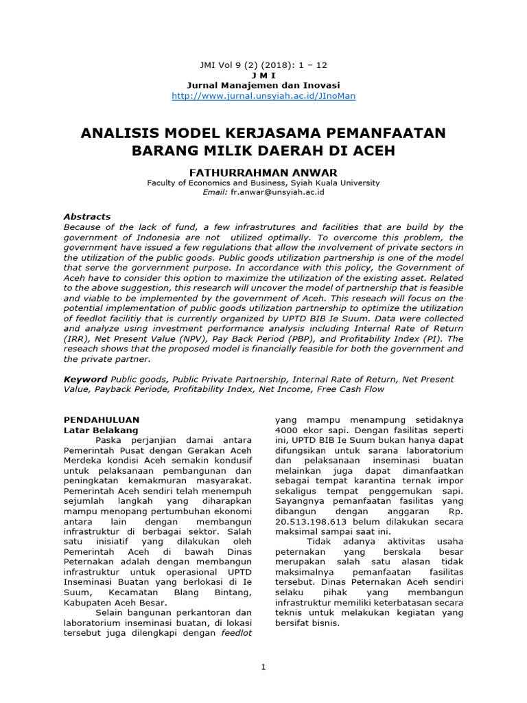 Analisis Model Kerjasama Pemanfaatan Barang Milik Daerah Di Aceh | PDF