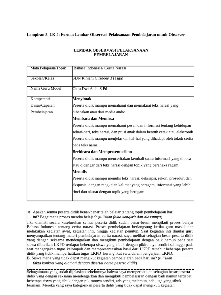 Lampiran 5. LK 4 Format Lembar Observasi Pelaksanaan Pembelajaran Untuk Observer | PDF
