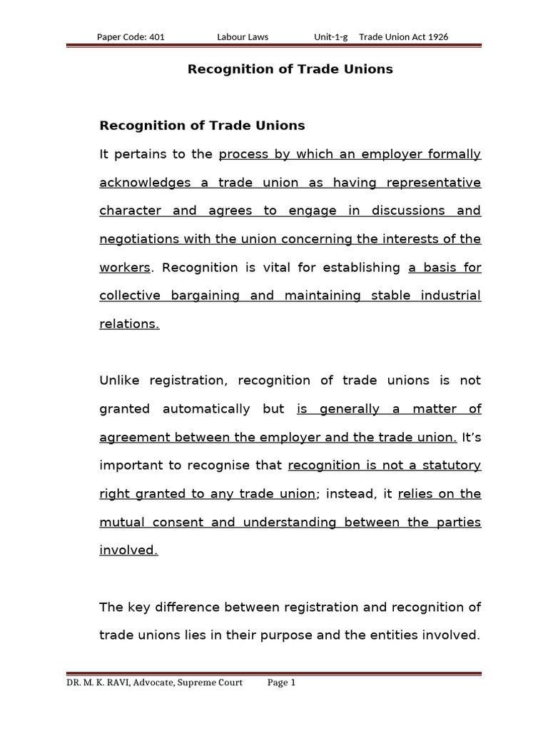 Lecture 10 Unit-1-G Recogntion of Trade Union | PDF