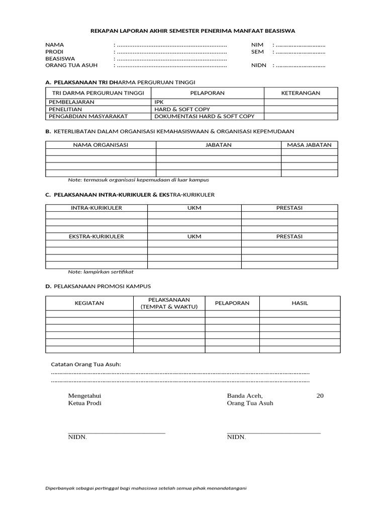 Form - Laporan-Akhir-Semester-Penerima-Manfaat-Beasiswa | PDF