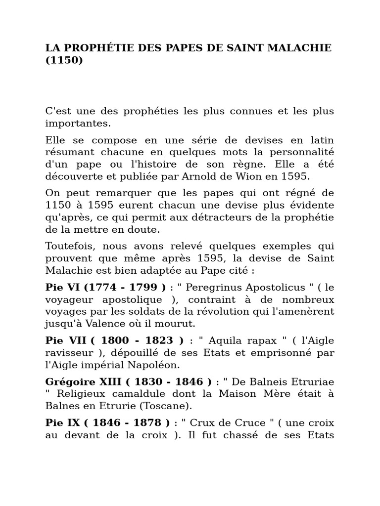 La Prophétie Des Papes de Saint Malachie (1150) | PDF